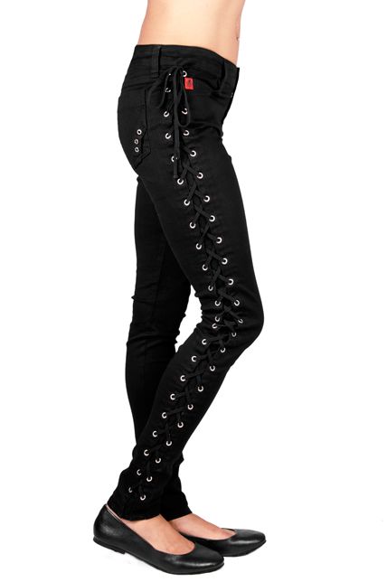 Tripp Lace Skinny Jeans Rockabilly Punk Emo Goth Biker Moto Pants Black